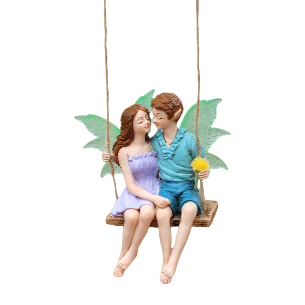 Парные садовые цветочные феи, статуя садовых фей, фигурка фей, девочка и мальчик, сидящие на качелях, скульптура для сада