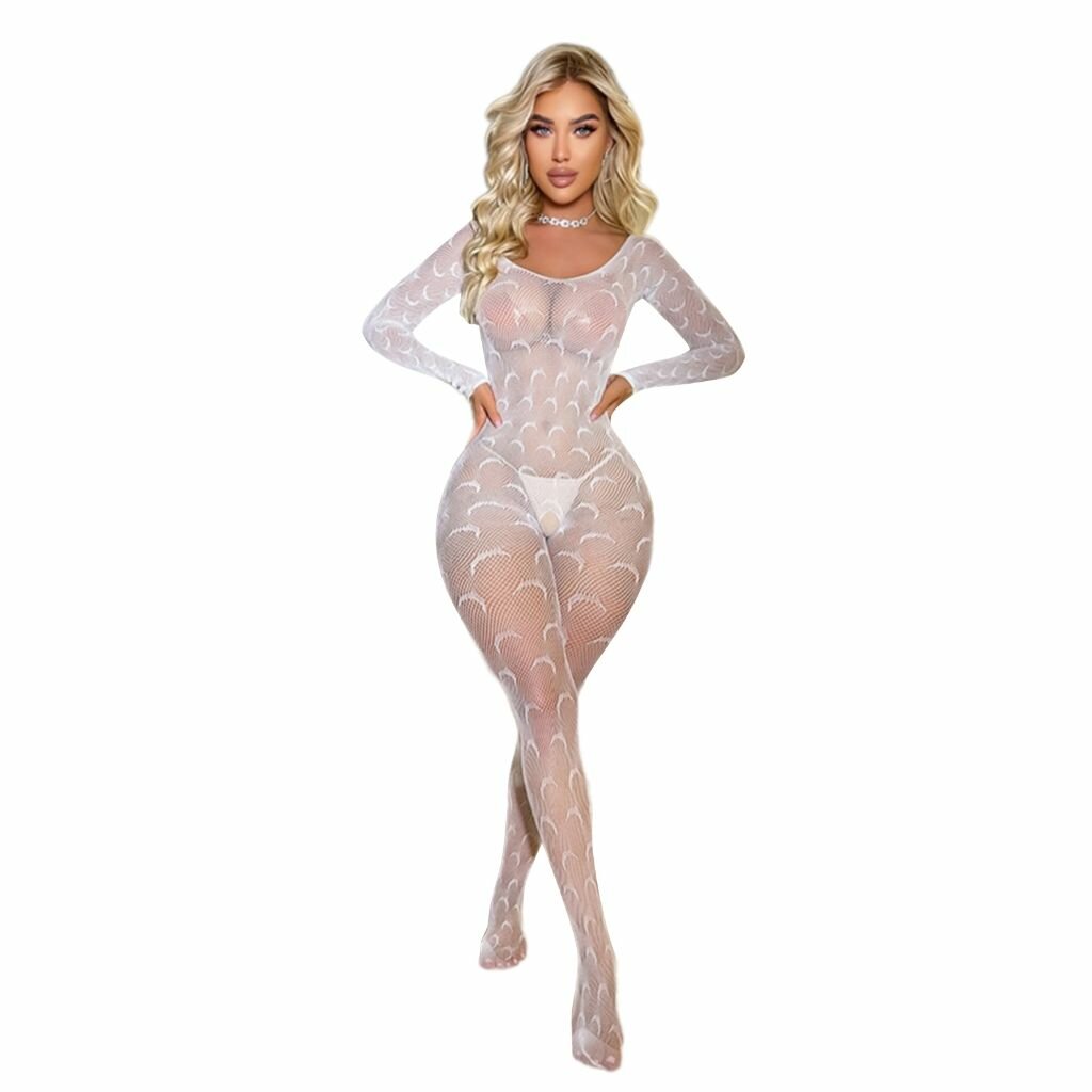 Боди-комбинезон с длинным рукавом и низким круглым вырезом, белый