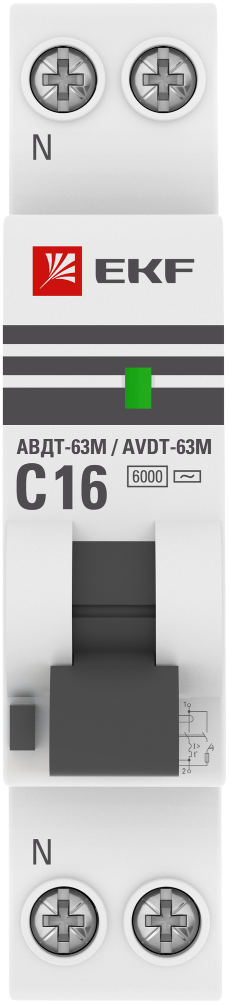 Дифавтомат EKF PROXIMA АВДТ-63М 16А, 30мА, тип А, х-ка C, 1P+N (двухполюсный), электронный, компактный (1 модуль), 6кА