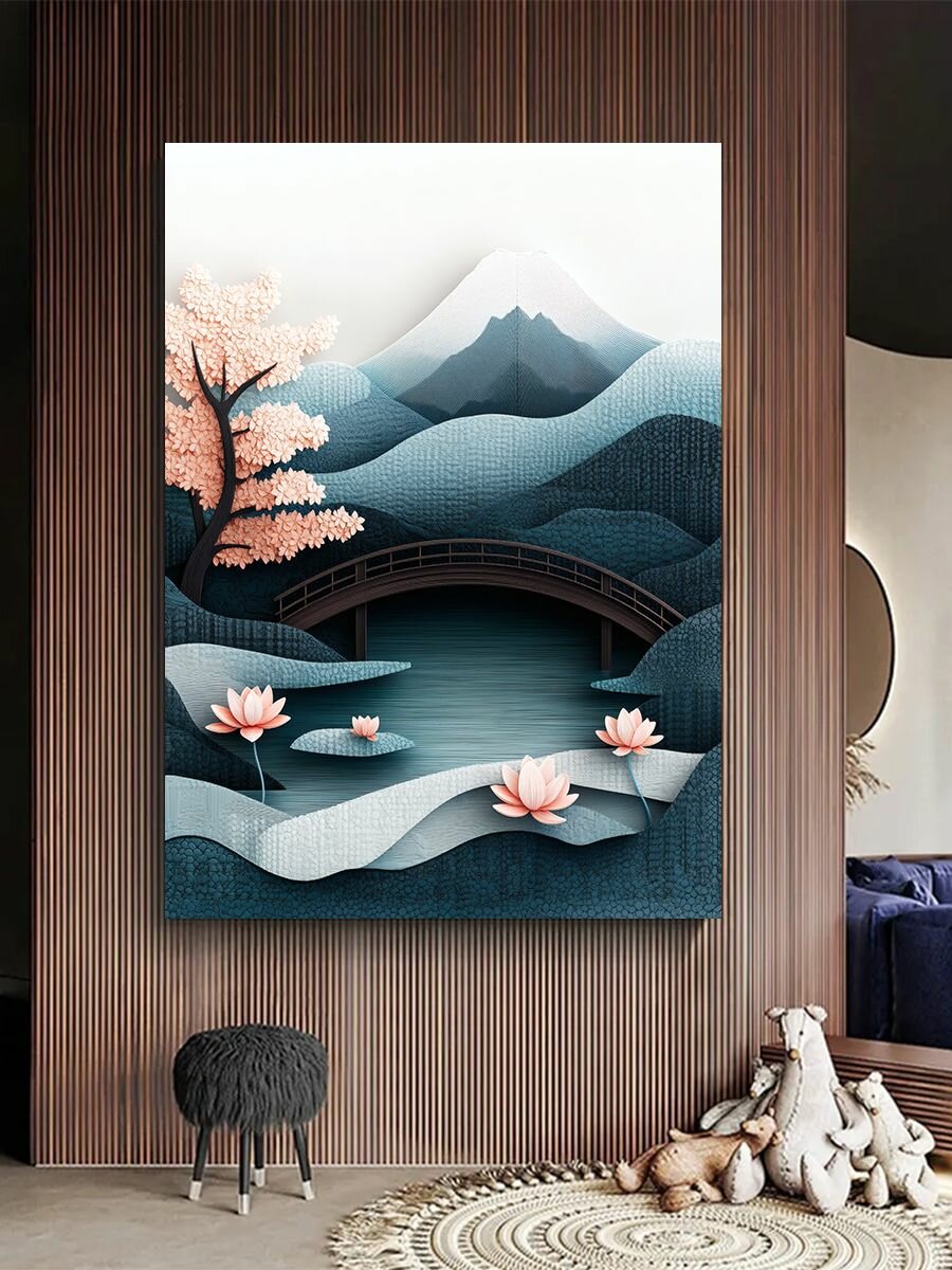 Картина на холсте - "Пейзаж в японском стиле / гора Фудзи и сакура" , 30х40 см.