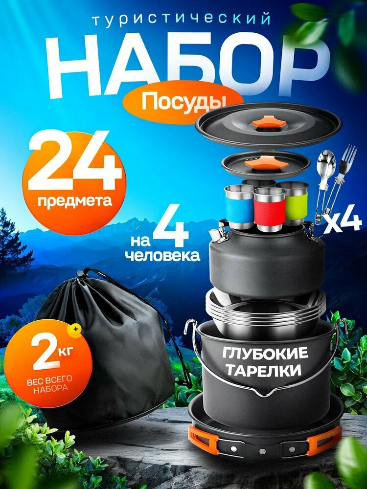 Набор посуды, походный, для пикника, нержавеющая сталь/алюминий/пластик, оранжевый
