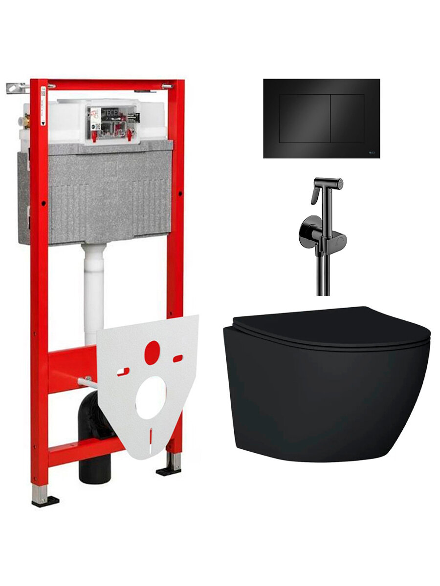 Инсталляция с унитазом и гигиеническим душем комплект: унитаз подвесной Helmken 35103001B, безободковый, сиденье с микролифтом из дюропласта, инсталляция TECE, шумоизоляция, кнопка, гигиенический душ