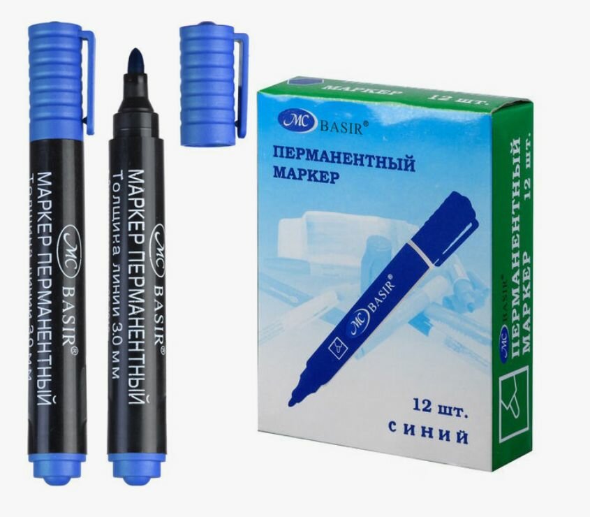 Маркер перманентный Basir, 21 мм, пулевидный наконечник 3 мм, 12 шт, синий