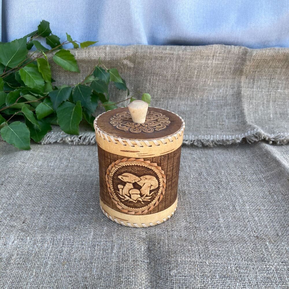 Туес "Грибочки", банка с крышкой, шитая, береста, 10 х 12 см