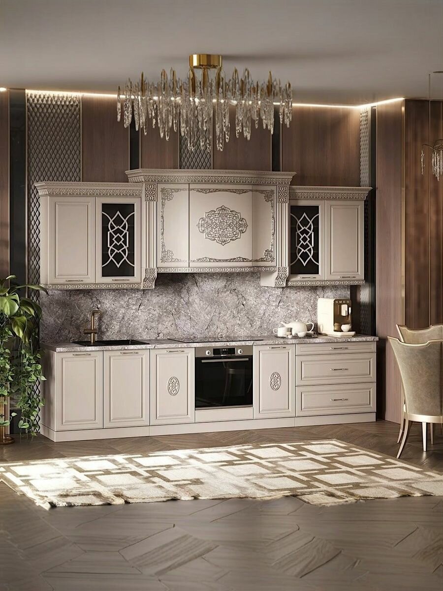 Кухонный гарнитур 3,3 метра, эмаль шампань патина серебро