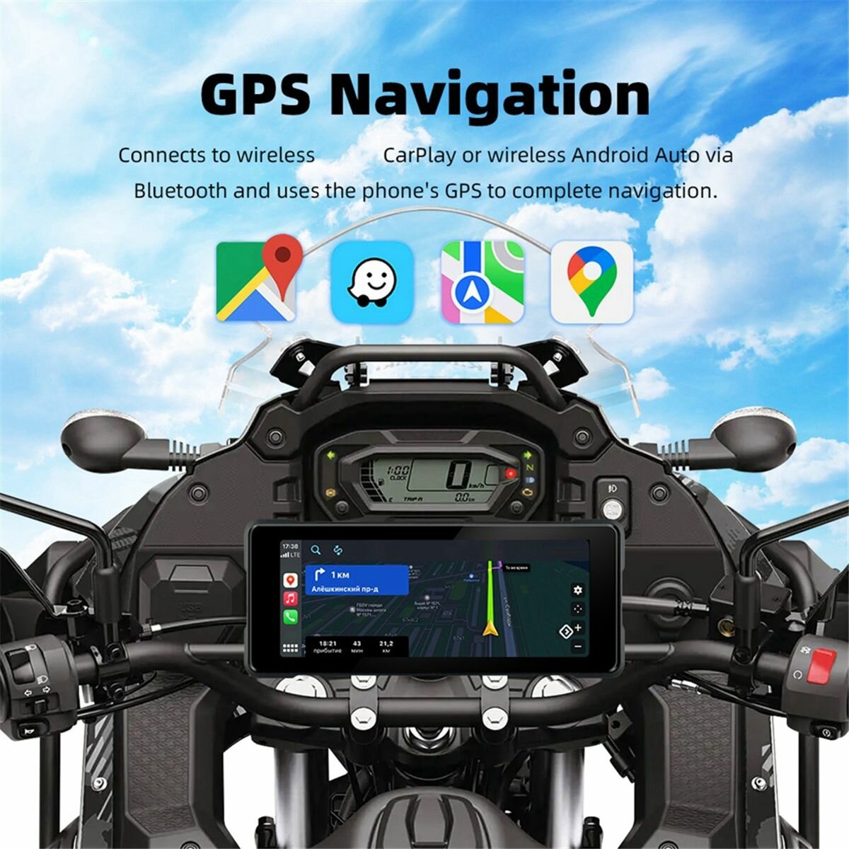7-дюймовый беспроводной CarPlay для мотоцикла — Wireless Android Auto, дублирование экрана, двойной Bluetooth и WiFi