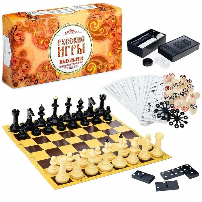 Русские игры (шахматы, лото, домино, доска из микрогофры)