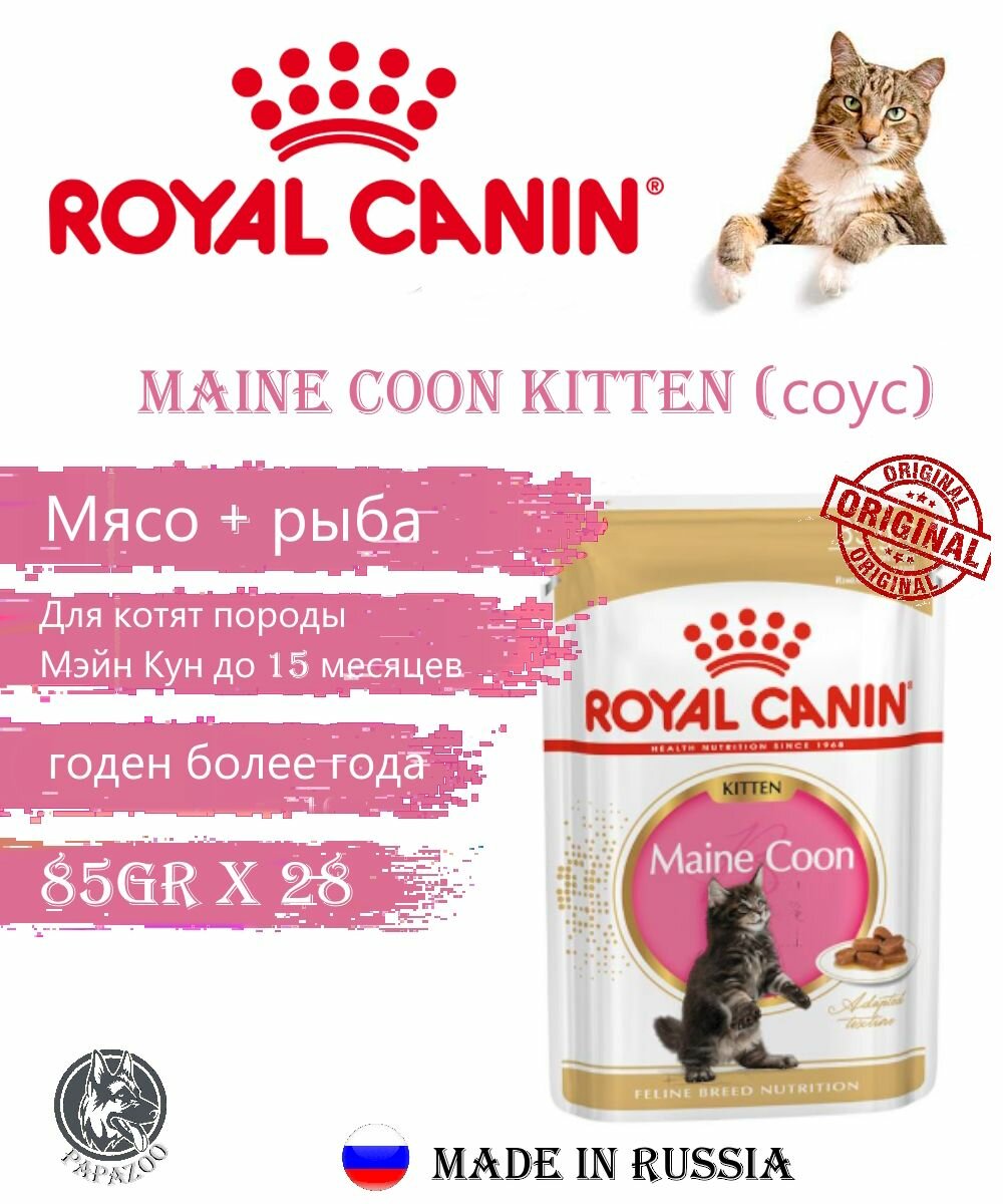 Влажный корм для котят Royal Canin Kitten в соусе для породы мейн кун 85 г х 28 шт