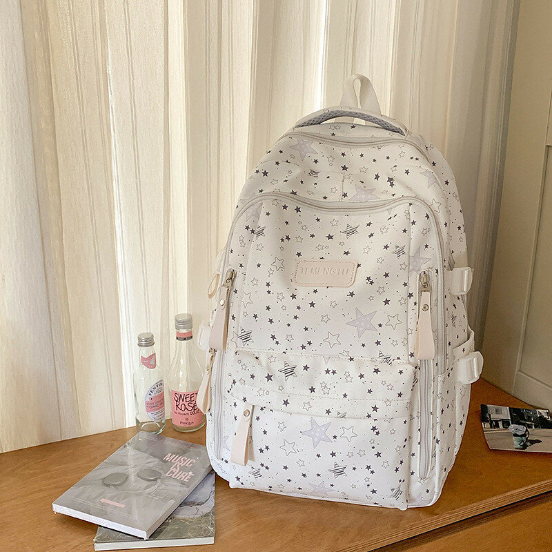 Fresh style nylon backpack with seam stitching and curved strap for casual outings, white