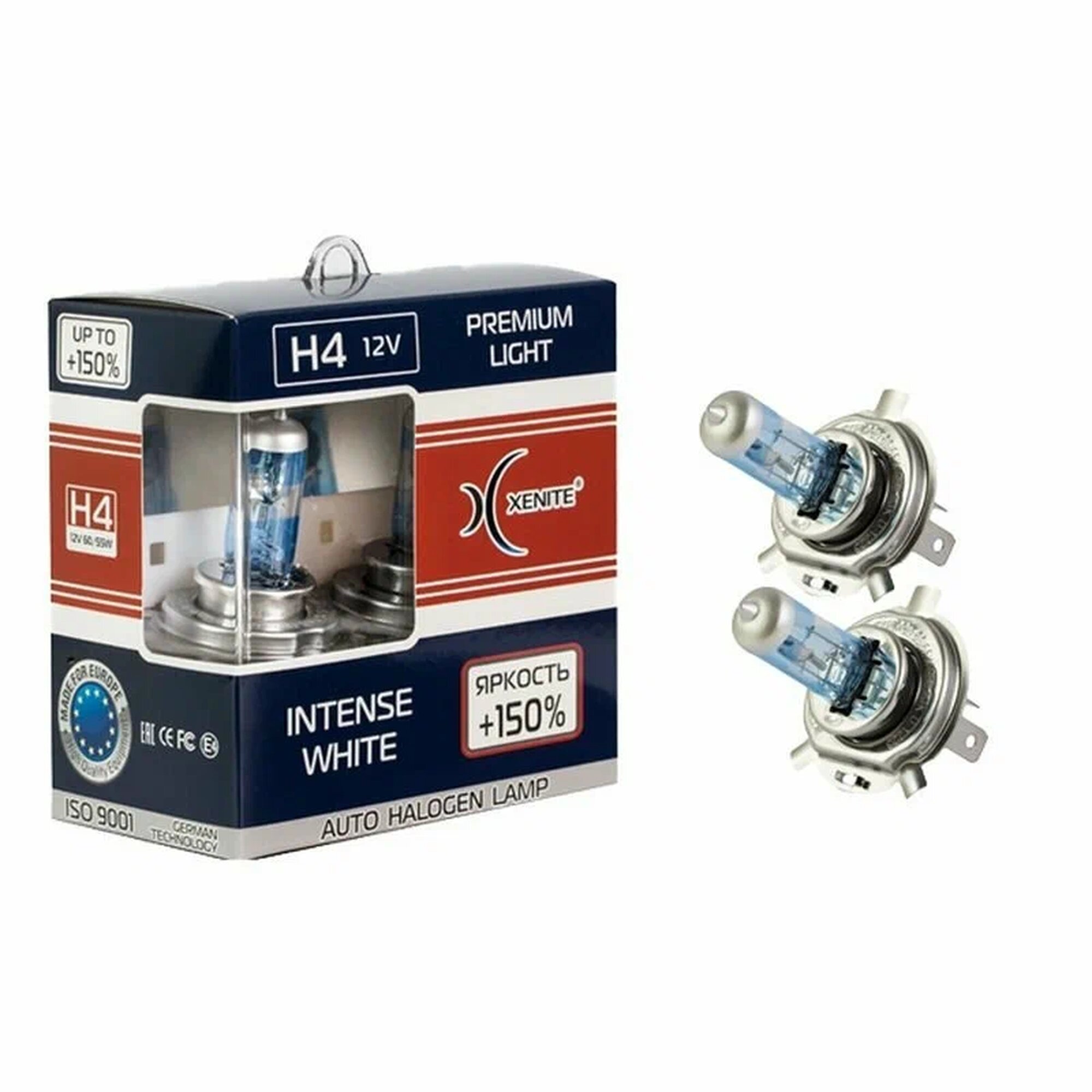 Лампа галогеновая головного света Xenite PREMIUM, H4, P43t, 12V, 60/55W INTENSE White Яркость +150% (2 шт.)