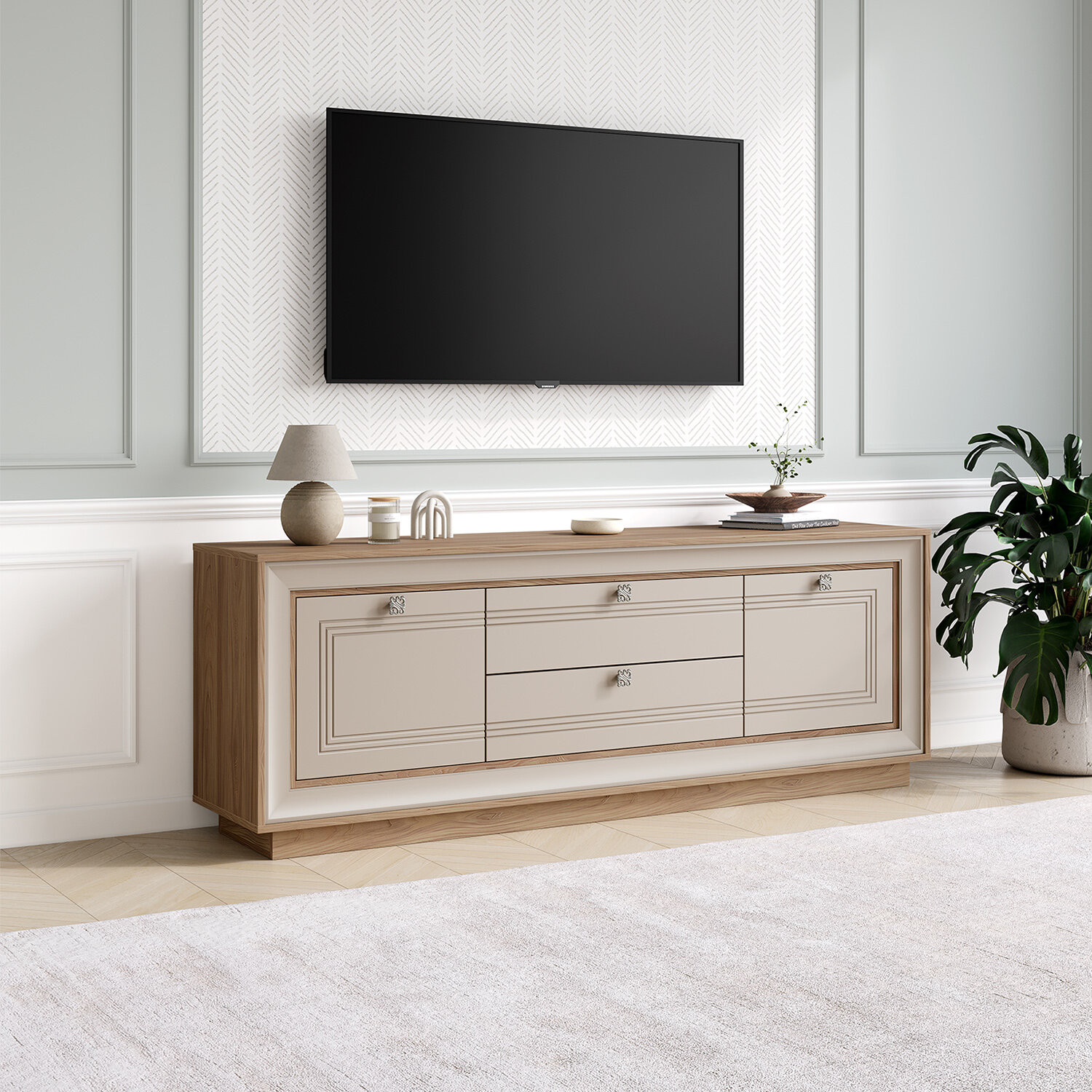 Тумба под телевизор Кураж Прато, ЛДСП/МДФ, 2 выдвижных ящика, 180x65x42 см