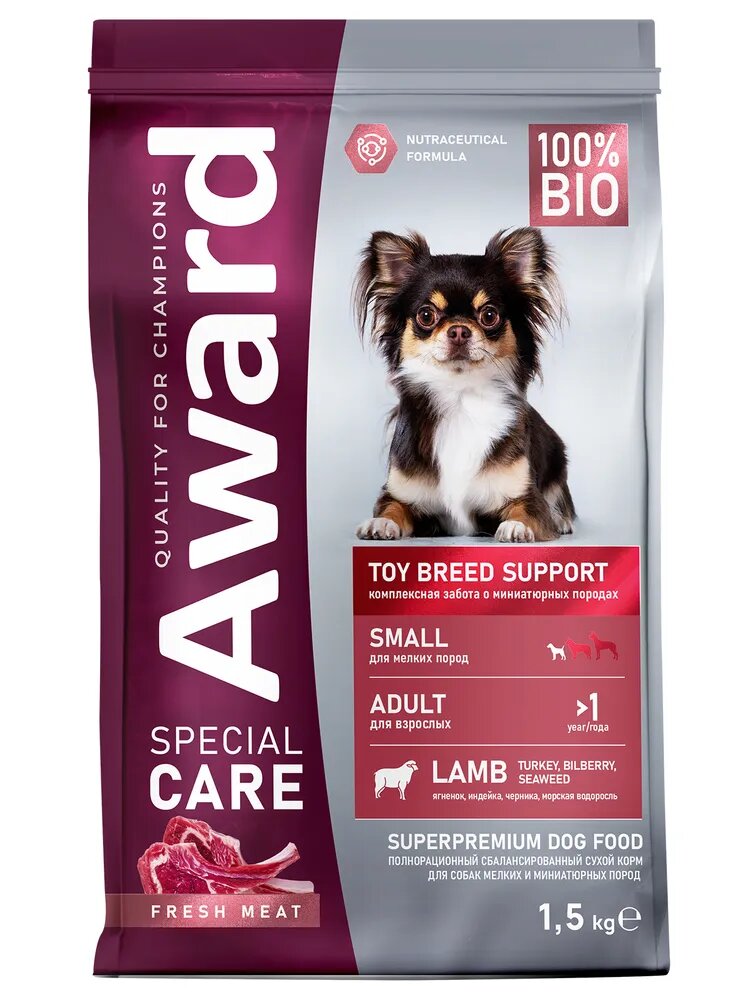 Сухой корм AWARD SPECIAL CARE Toy Breed Support для собак мелких и миниатюрных пород со свежим мясом ягненка, 1.5 кг