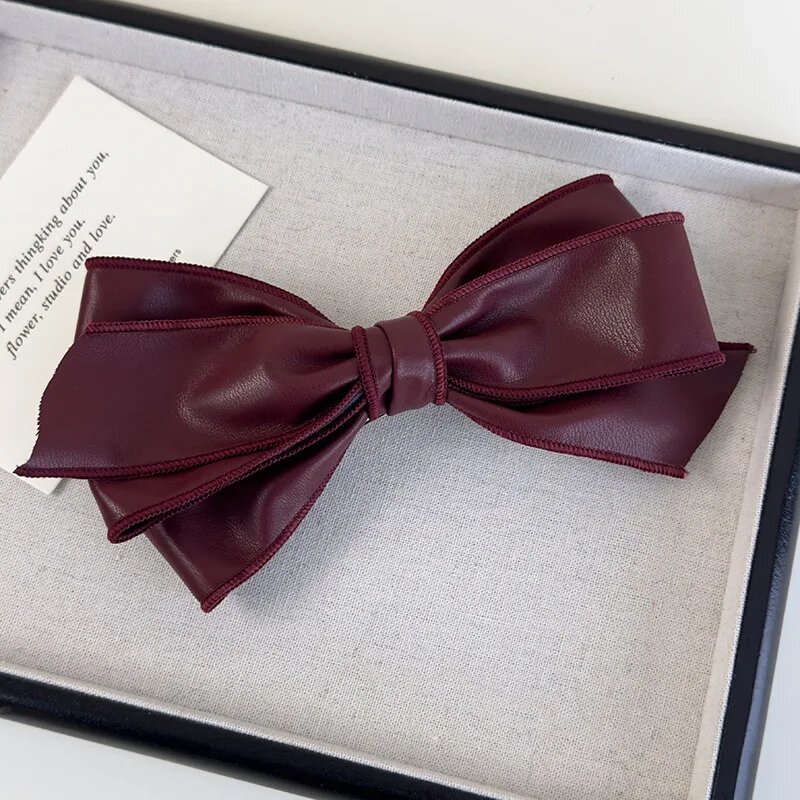 Кожаная заколка Han Fan с бантом Бордовый, B Red Style