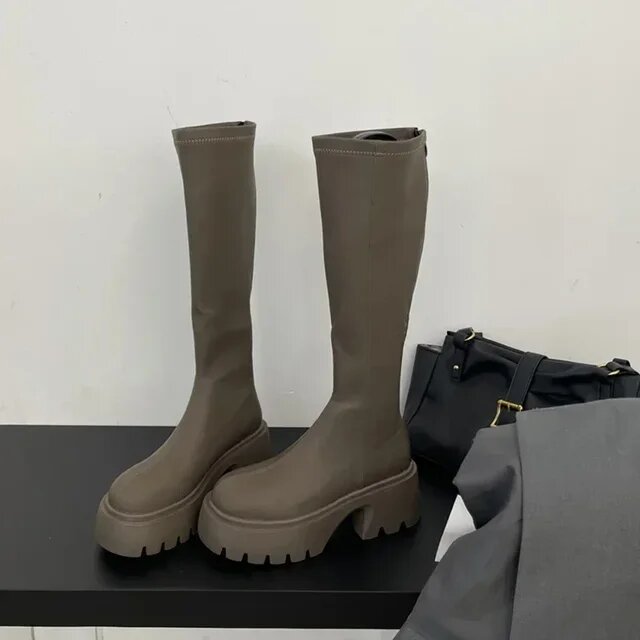 Зимние высокие сапоги для женщин, модные, с молнией сзади, длинные сапоги, женские, элегантные, на платформе, с толстой подошвой, женские рыцарские сапоги