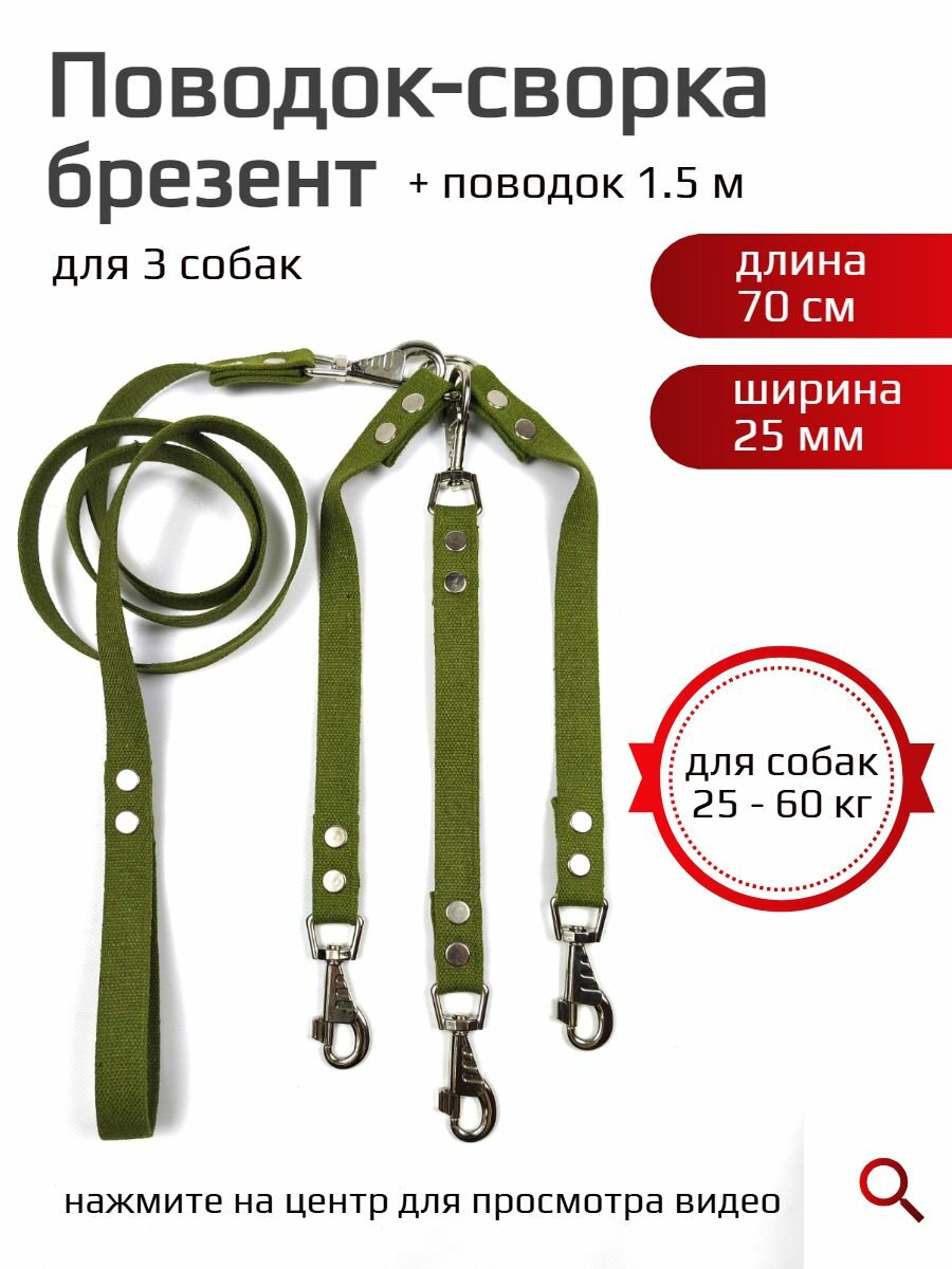 Сворка Хвостатыч для трёх собак брезент 70 см х 25 мм с поводком 1,5 м (зеленый хлопок)