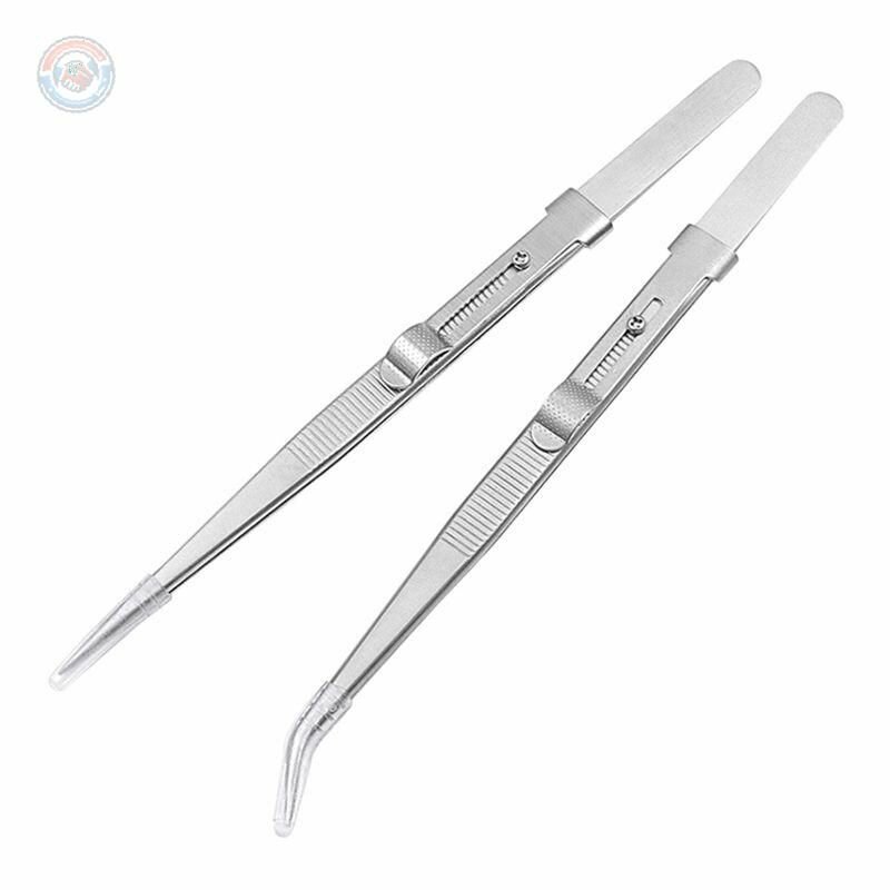 Пинцет для пайки и ювелирных работ, набор из 2 шт, прямой и изогнутый с фиксатором, тонкий наконечник, инструмент для электроники и мелких деталей