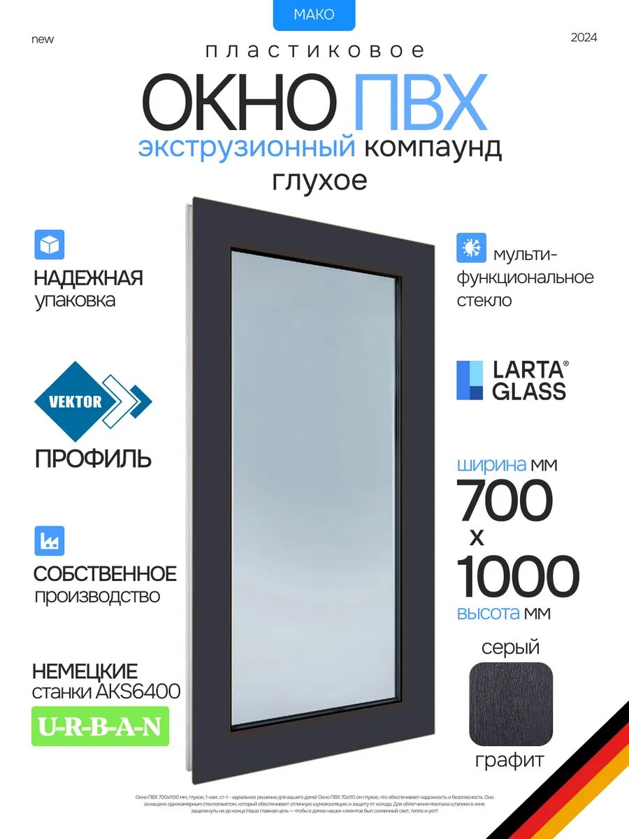 Окно ПВХ "Пластиковое окно", 70x100 см, глухое, серое, однокамерный стеклопакет
