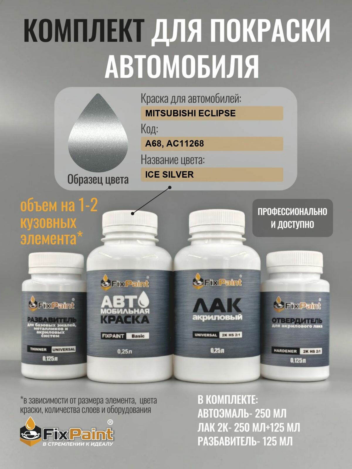Комплект для покраски MITSUBISHI ECLIPSE, код A68, AC11268, ICE SILVER, базовая автомобильная краска 250 мл, лак 2K 250 мл с отвердителем, разбавитель 125 мл, FixPaint Pro