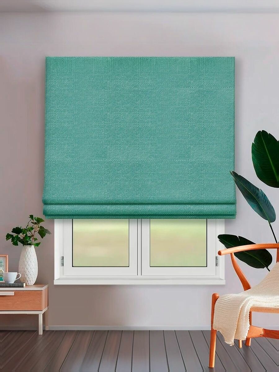 Римская штора Блэкаут на окно OLEXDECO 180х170 см, ткань Монро, цвет океан, с черным цепочным карнизом Мадрид