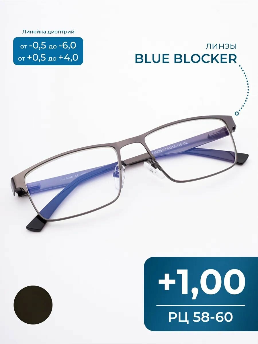 Очки BLUE BLOCKER для чтения 58-60 мужские женские (+1.00) FABIA MONTI 8982 C2, без футляра, цвет серый металлик, РЦ 58-60