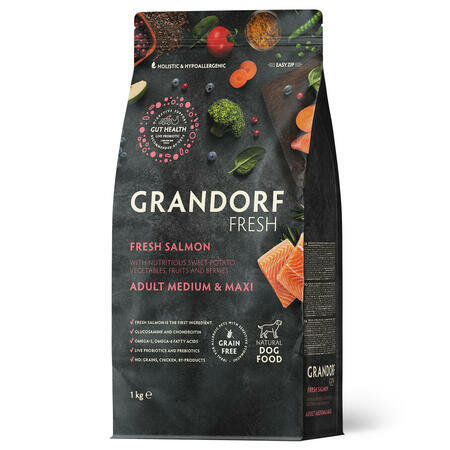 GRANDORF Fresh Dog Adult MED&MAXI Salmon&Sweet Potato 1 кг сухой корм для собак средних и крупных пород свежее филе лосося с бататом