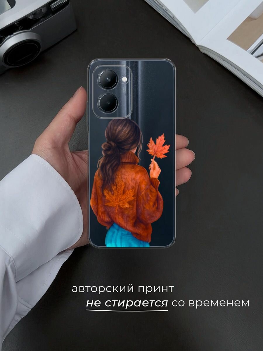 Чехол на Realme C33 / Реалми С33 с принтом "Девушка с опавшим листом", прозрачный — фото 1