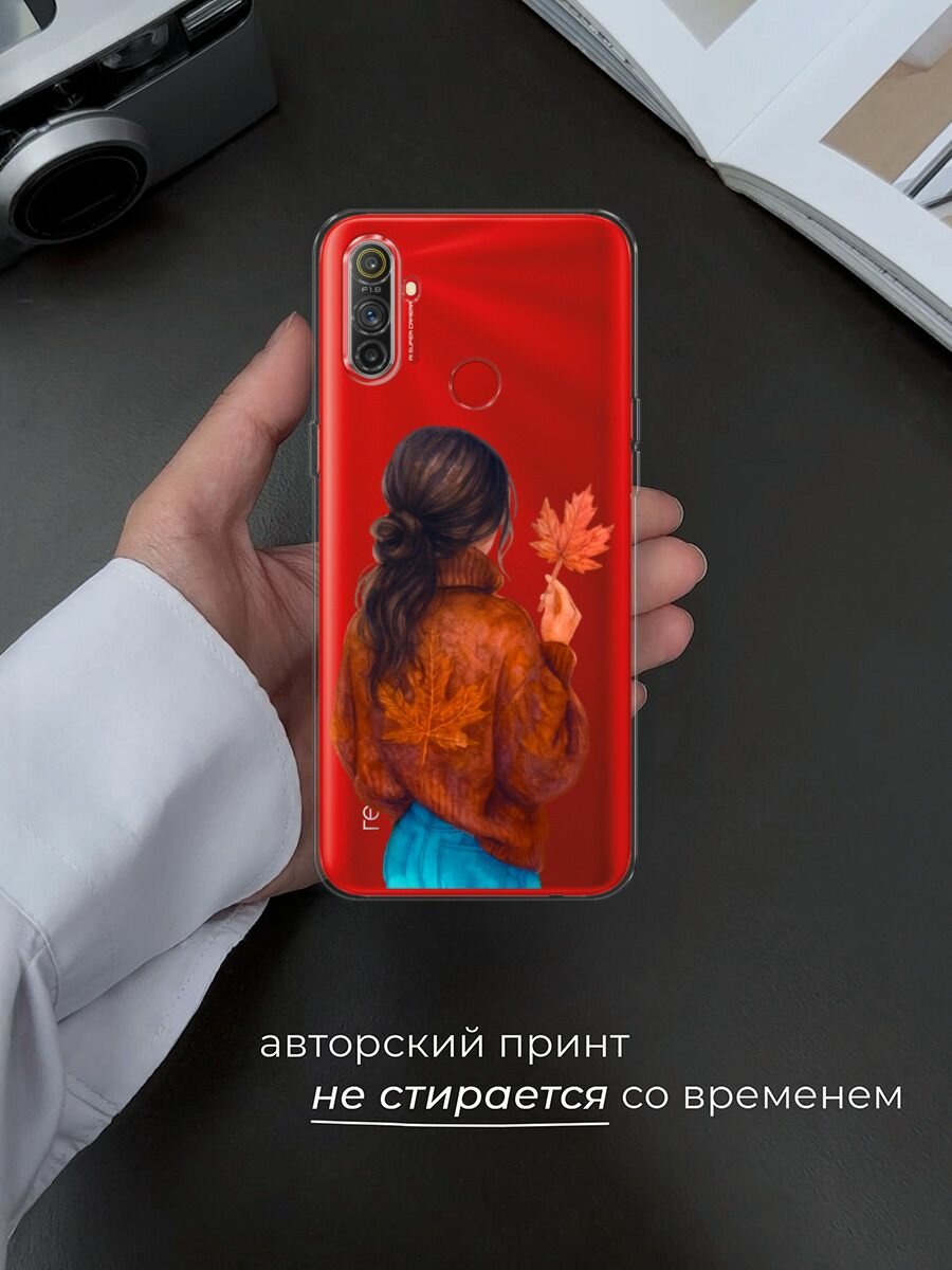 Чехол на Realme C3 / Реалми C3 с принтом "Девушка с опавшим листом", прозрачный — фото 1