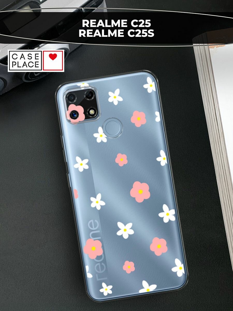 Чехол на Realme C25/C25s / Реалми С25/C25s с принтом "Розовые и белые цветы", прозрачный