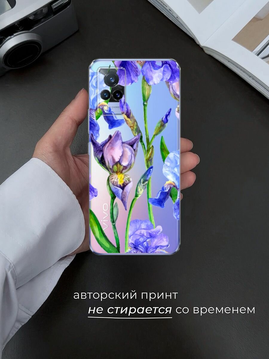 Чехол на Vivo V21 / Виво V21 с принтом "Синие ирисы", прозрачный — фото 1