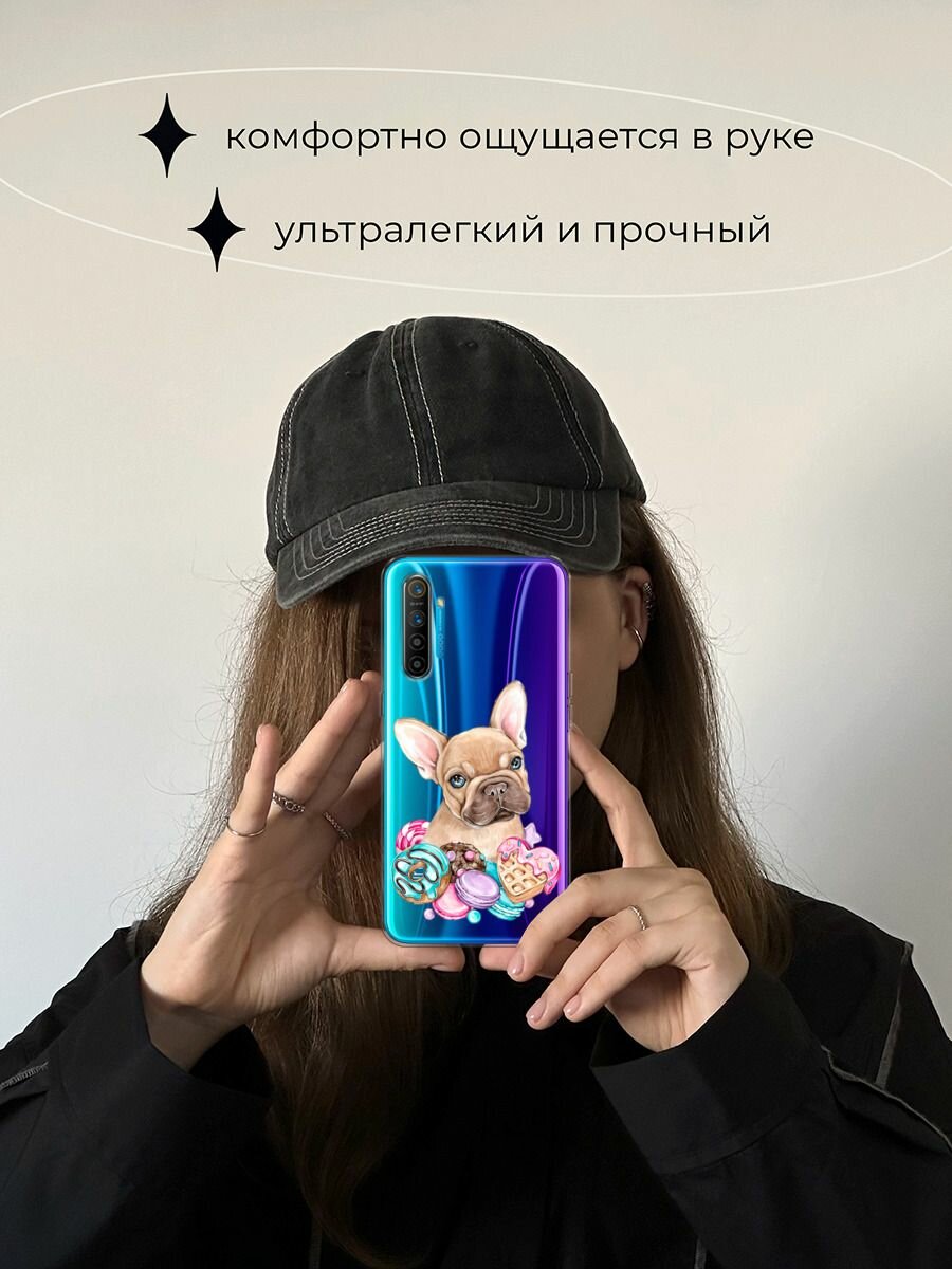 Чехол на Realme XT / Реалми XT с принтом "Бульдог и сладости", прозрачный — фото 1