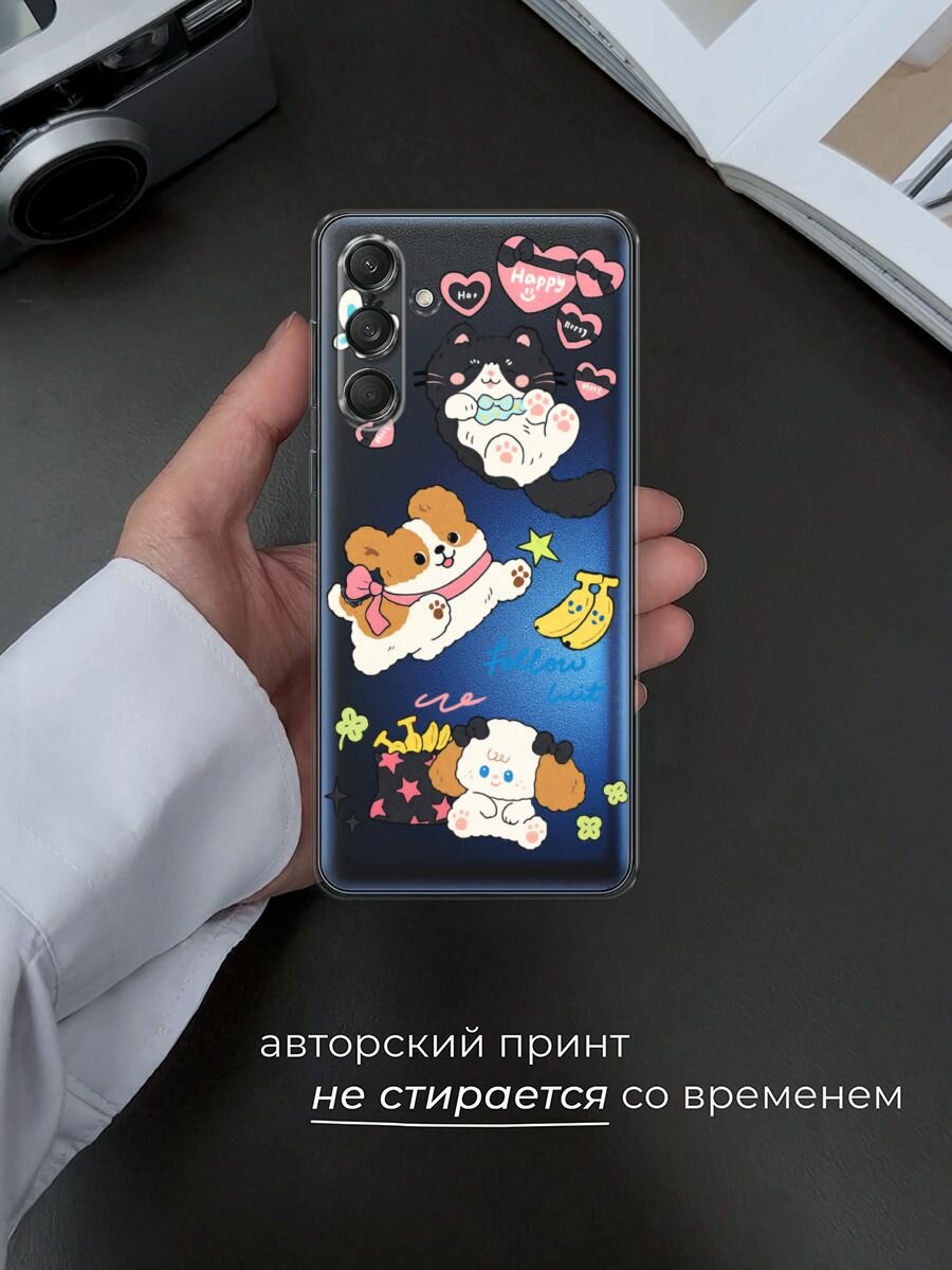 Чехол на Samsung Galaxy M55 / Самсунг M55 с принтом "Кудрявые животные", прозрачный — фото 1