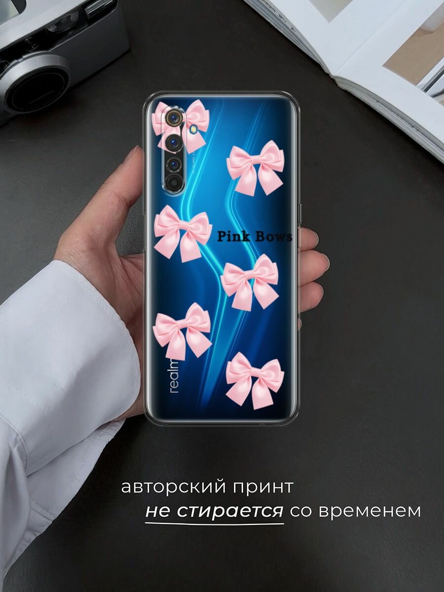 Чехол на Realme 6 Pro / Реалми 6 Про с принтом "Pink Bows", прозрачный — фото 1