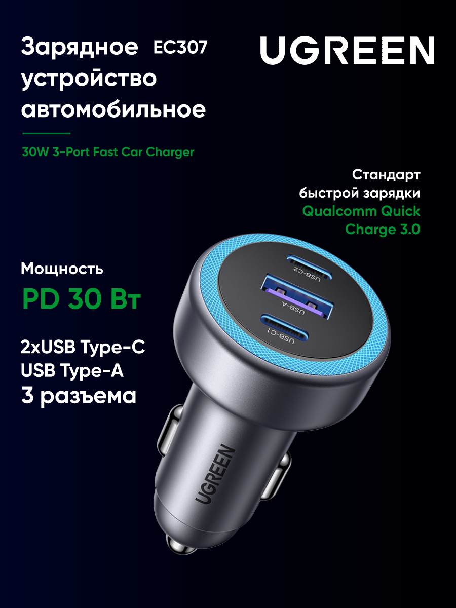 Автомобильное зарядное устройство UGREEN EC307 (45843) 30W 3-Port Fast Car Charger. Цвет: серый