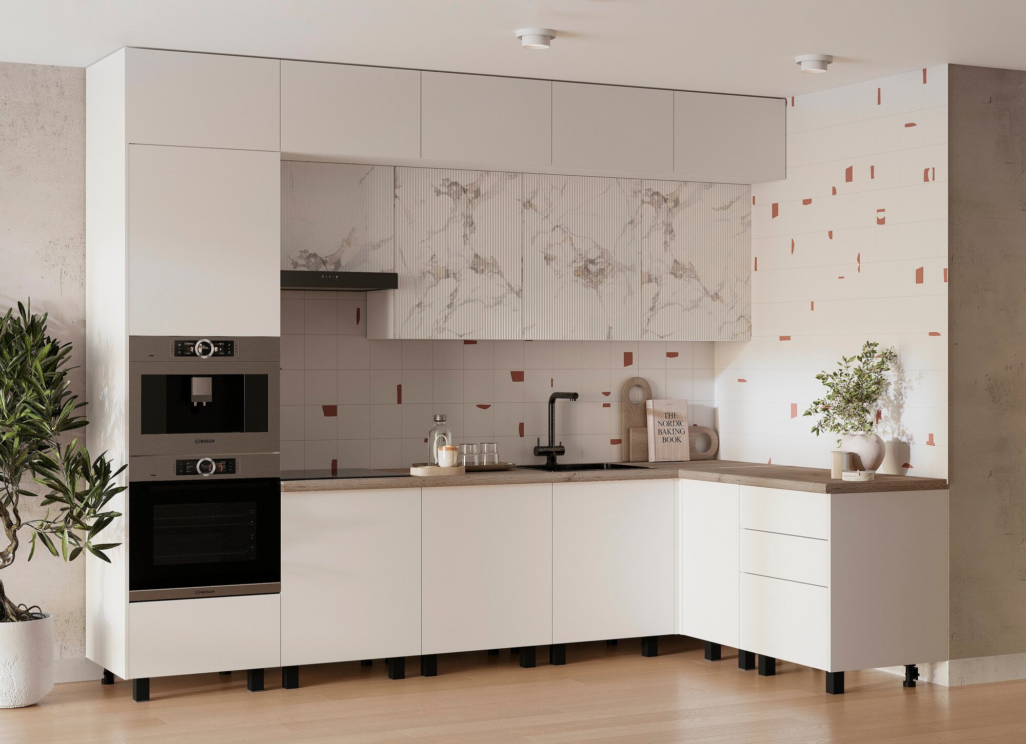 Угловая кухня со столешницей 3000х1670 мм, Белый глянец (MF07)/Мрамор золотой (MF15)