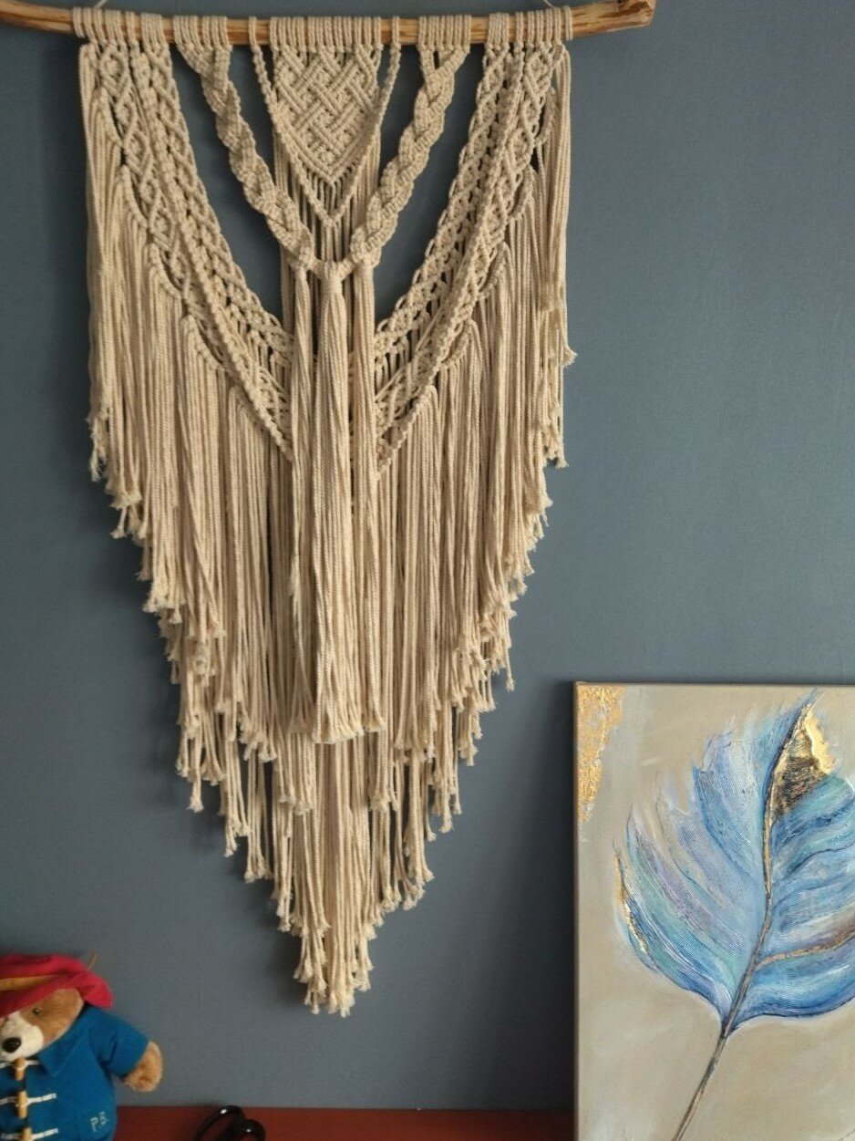 Панно макраме большое на стену на лесной палке, ручная работа, из хлопковой веревки, размер 143*70 см