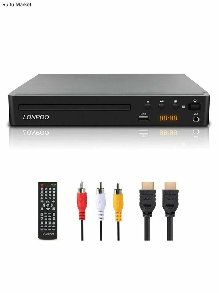 DVD-плеер, Регионфри, разрешение 1080P, вход USB2.0, разъем для микрофона караоке, светодиодный дисплей, компактный DVD-плеер с кабелем HDMI RCA, полнофункциональный пульт дистанционного управления