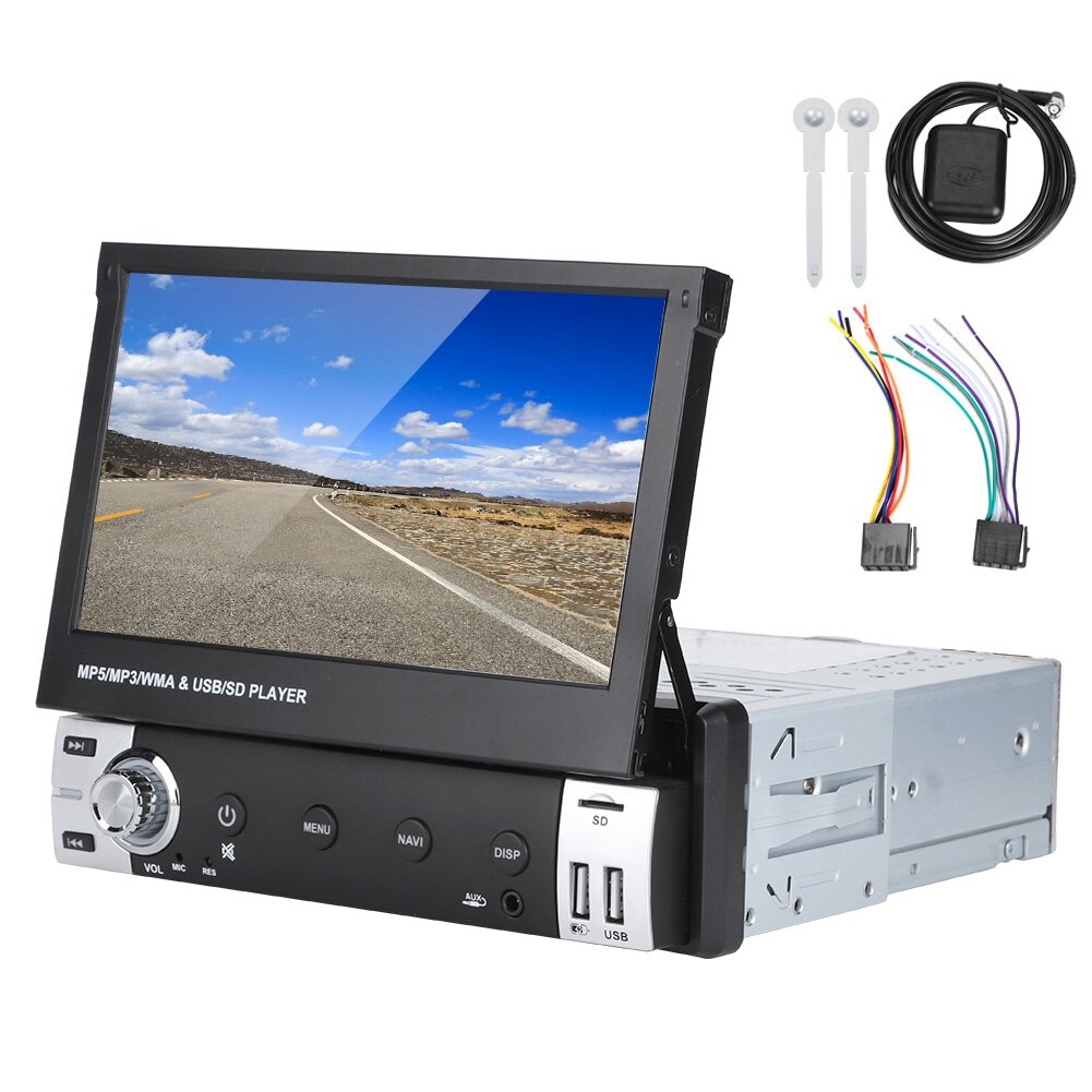 7дюймовый 1 DIN магнитола с GPS, Bluetooth, USB и выдвижным экраном