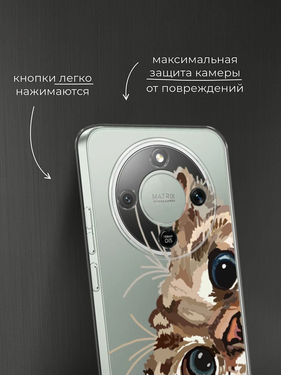 Чехол на Honor X9d / Хонор X9d с принтом Любопытный кот, прозрачный — фото 1