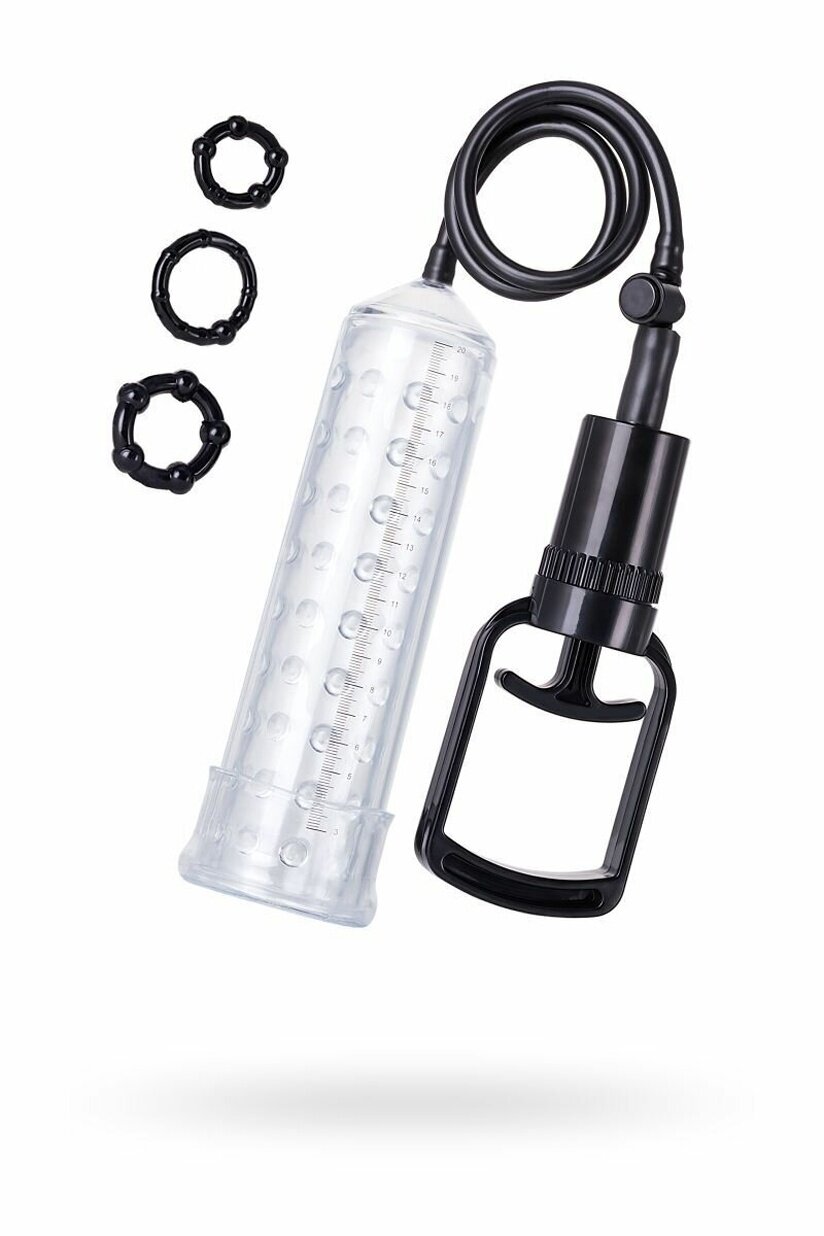 Вакуумная помпа A-toys с массажной вставкой, 23.5 см, прозрачный TPE, 3 эрекционных кольца