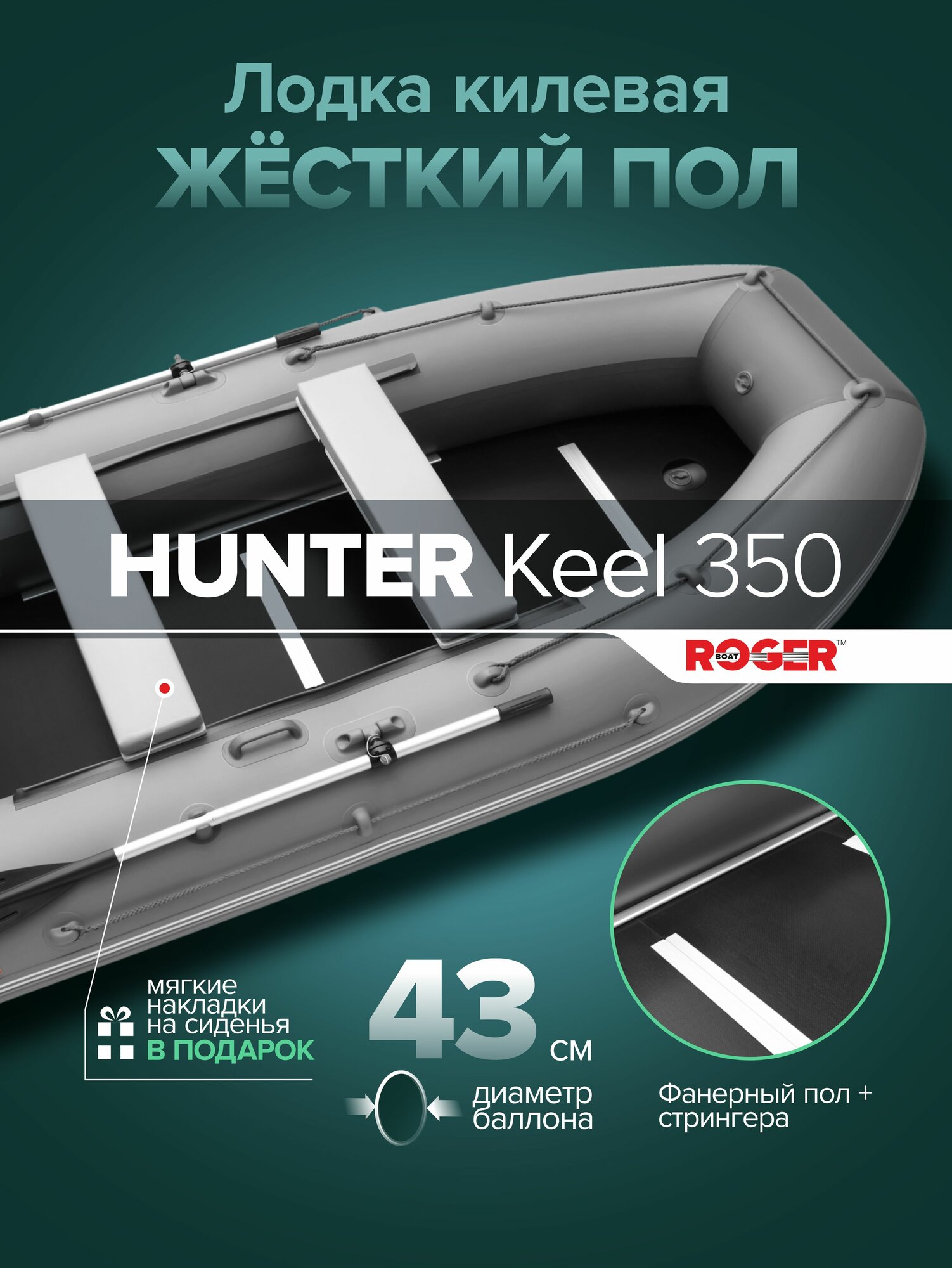 Лодка ПВХ под мотор ROGER Hunter Keel 350, надувная для рыбалки с жестким дном (серый-графитовый)