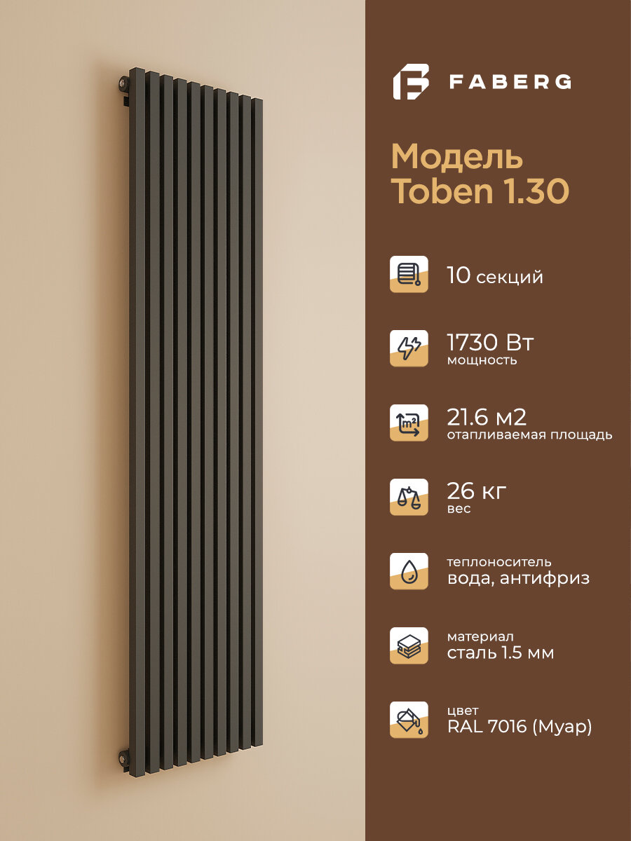 Трубчатый радиатор отопления Toben 1/30 от Faberg, 10 секций, RAL7016. Подключение: Нижнее. Высота 1800мм, ширина 450мм