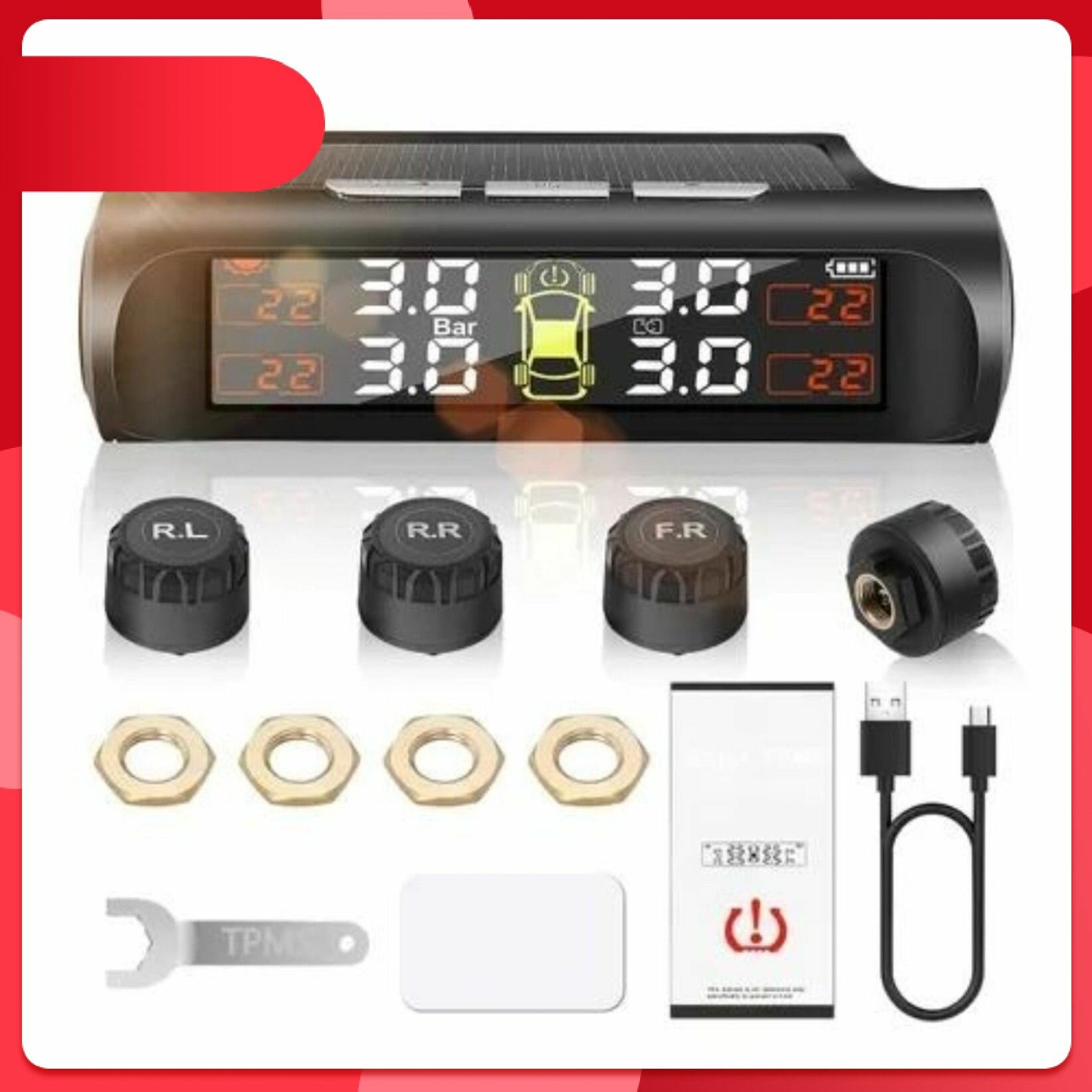 Эксклюзивный мониторинг давления и температуры в шинах обеспечивается системой TPMS с солнечной панелью, ЖКдисплеем и комплектом из 4 внешних датчиков для премиумоповещения