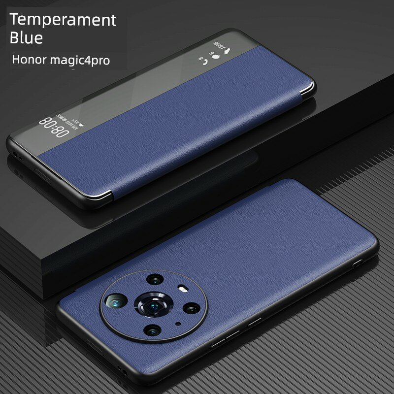 Кожаный чехол-крышка из верхней кожи для Honor Magic4 Pro, цвет сапфировый синий - полная защита