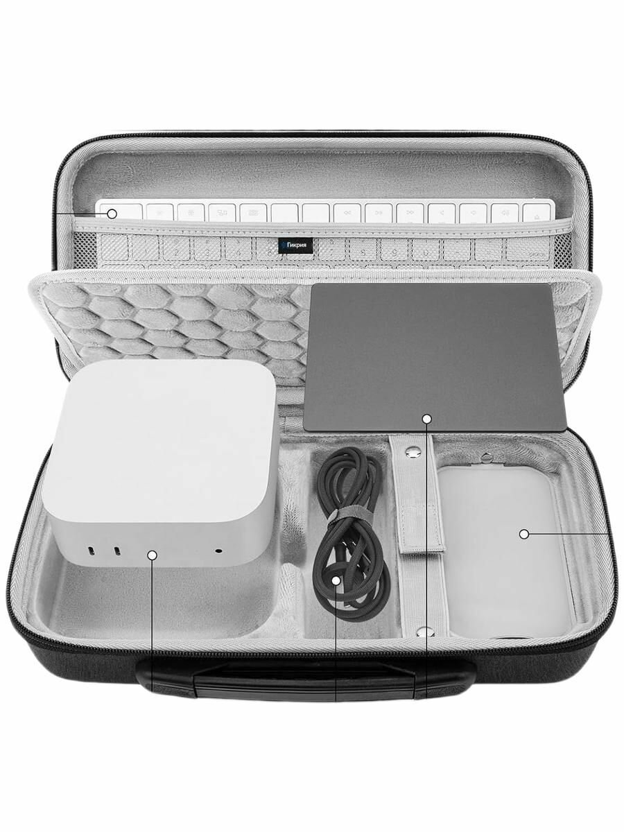 Жесткий дорожный кейс для ПК, совместимый с Mac mini M4/M4 Pro 2024. Вмещает Magic Keyboard, мышь, трекпад и аксессуары (темно-серый