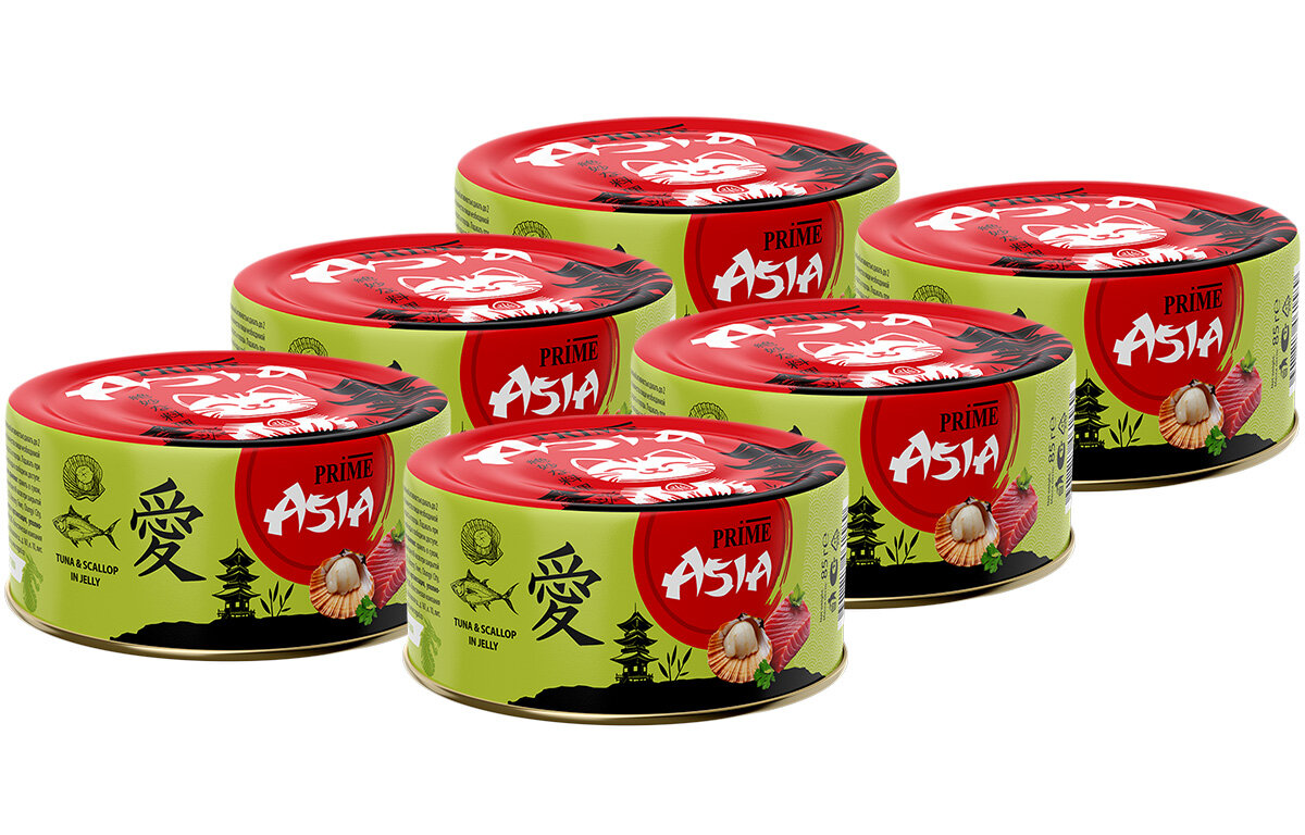 Корм влажный Prime Asia Tuna & Scallop для кошек, тунец и гребешок в желе, 85 г х 6 шт
