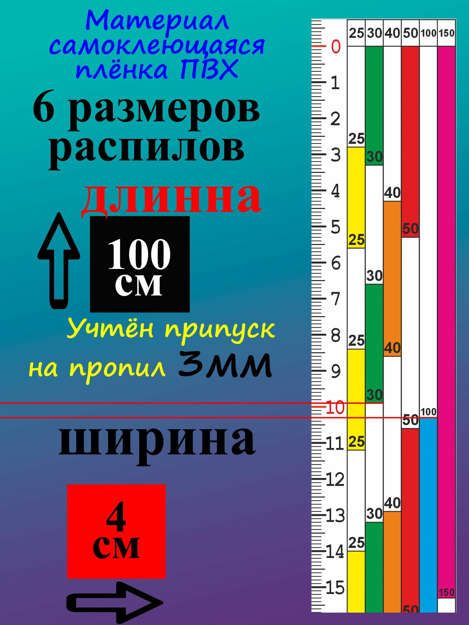 Линейка для пилорамы ПВХ 100см, пропил 3мм, 6 размеров
