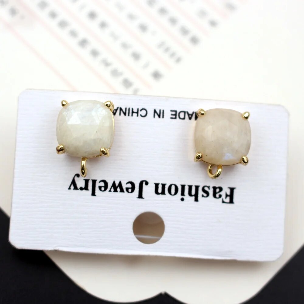 Сережки-гвоздики позолоченные женские квадратные из нефрита и камня 10 пар Белый, Moon stone