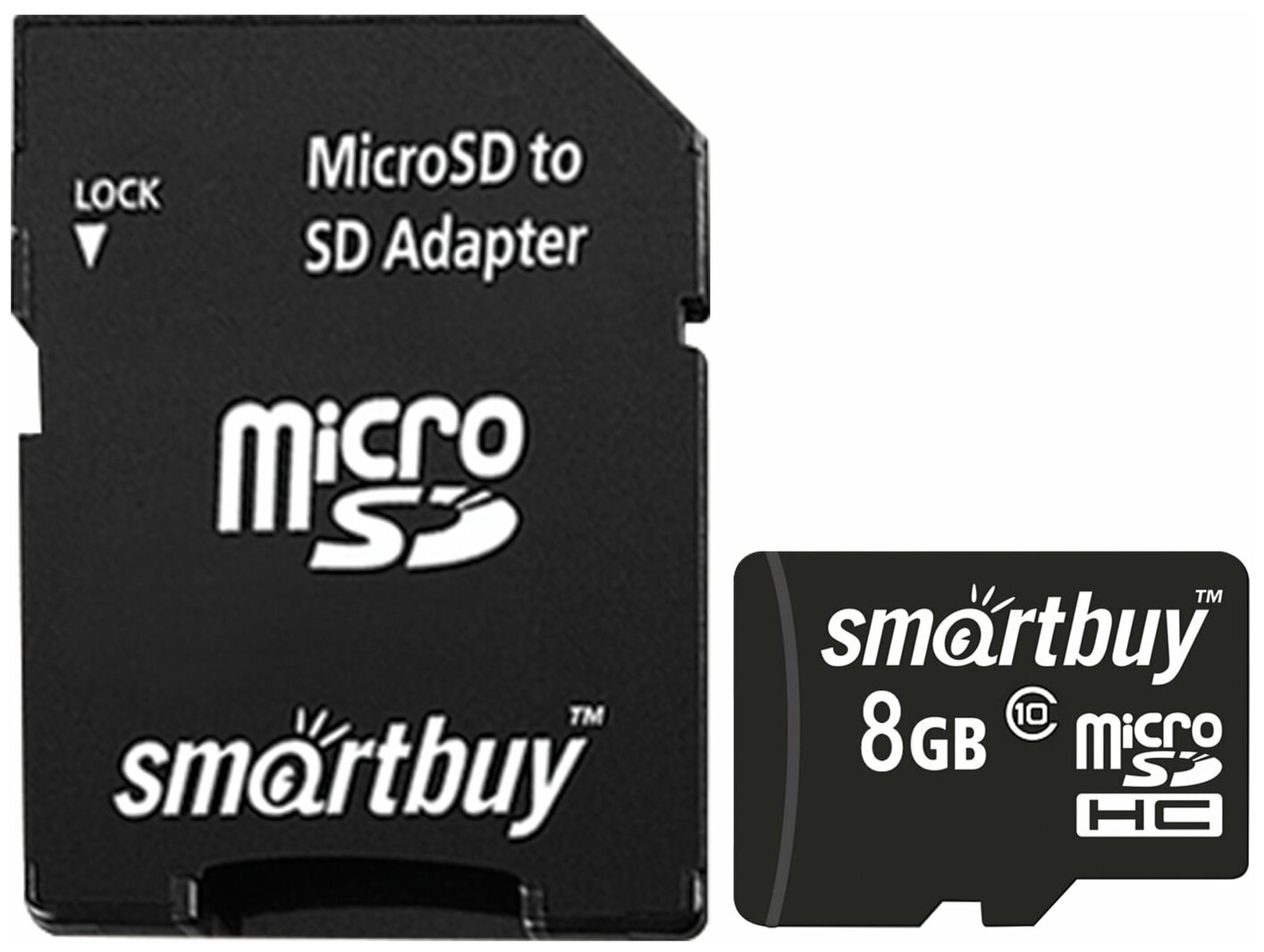 Карта памяти micro SDHC, 8 GB, SMARTBUY, 10 Мб/сек. (class 10), с адаптером, SB8GBSDCL10-01