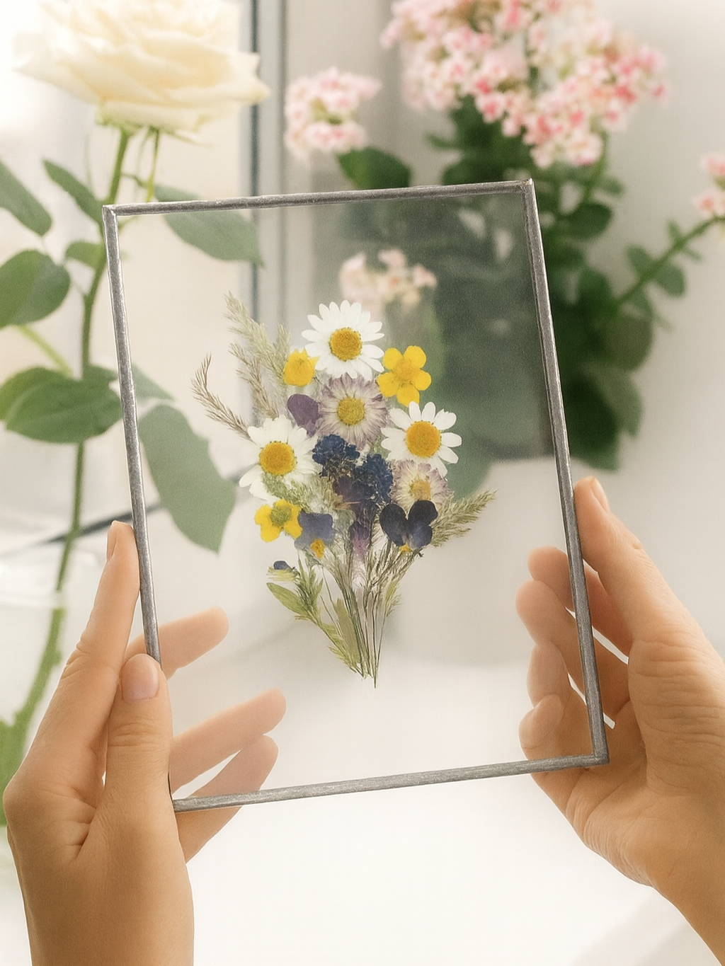 Картина из живых цветов под стеклом в серебристой раме — ромашки, лютики, анютины глазки | Декор ручной работы