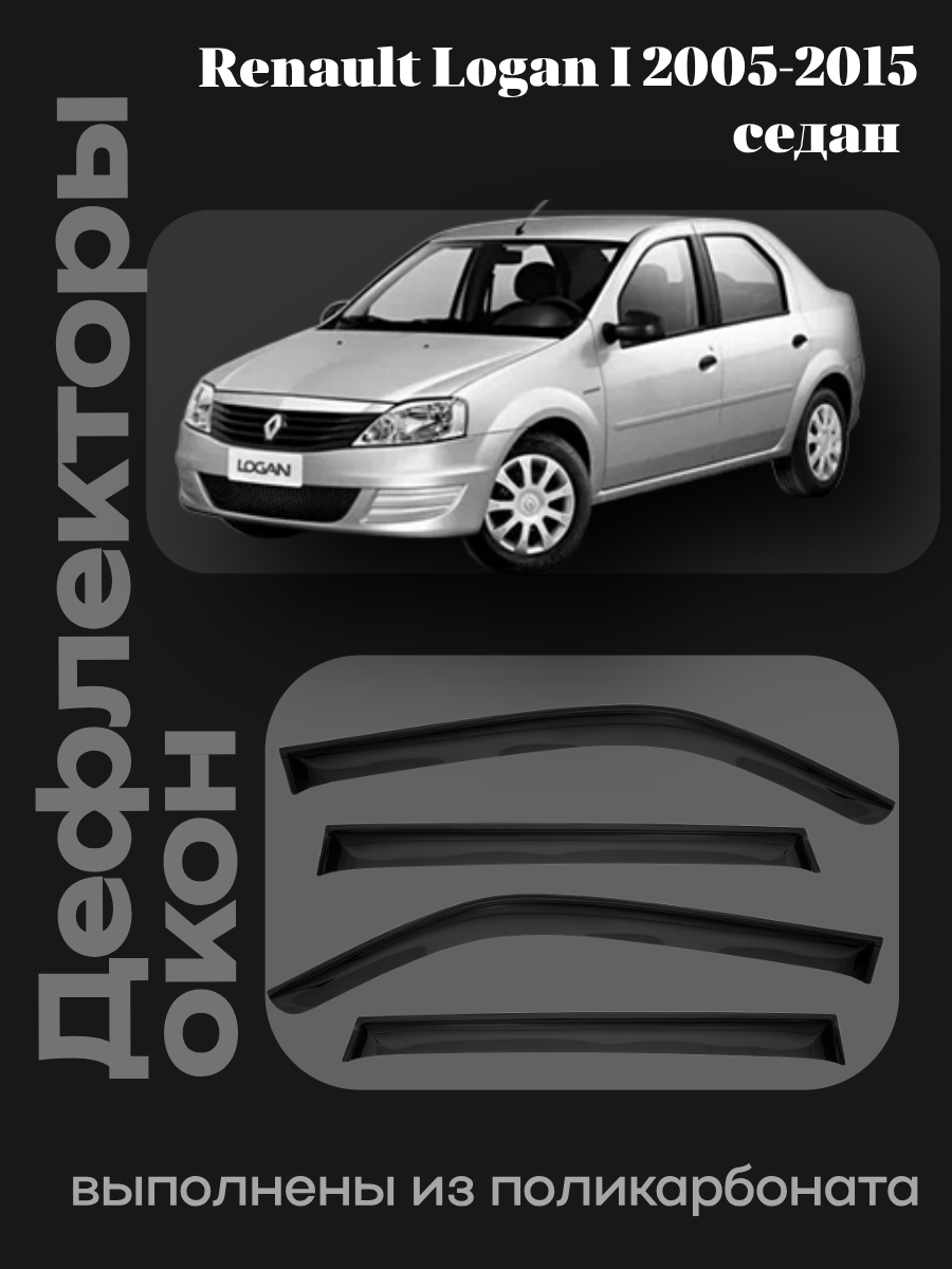 Дефлекторы окон для Renault Logan I 2005-2015 (седан) Черные 4шт.